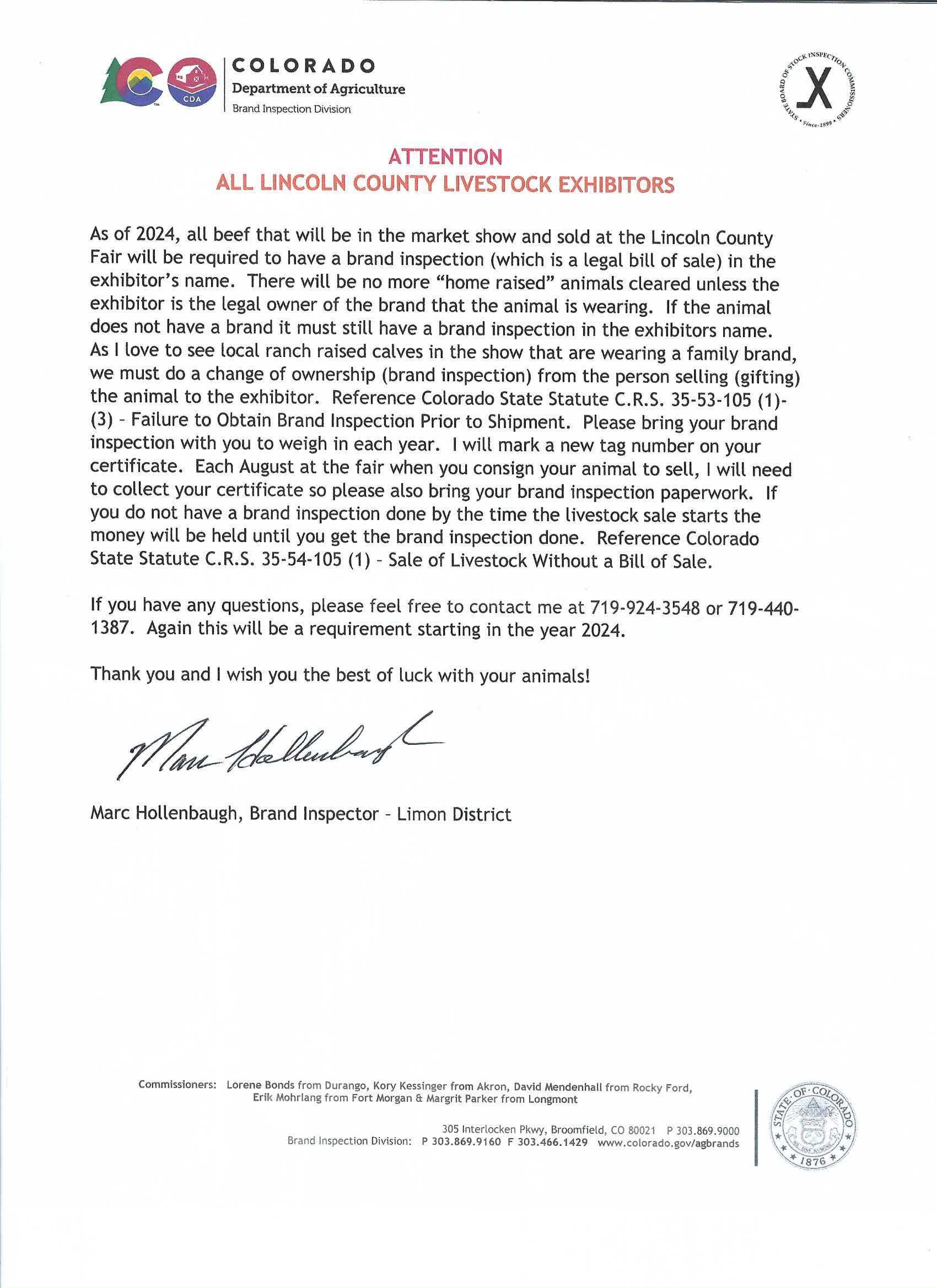 ANIMAL INFORMATION CORNER: LIVESTOCK EXHIBITORS (BRAND INSPECTION ...